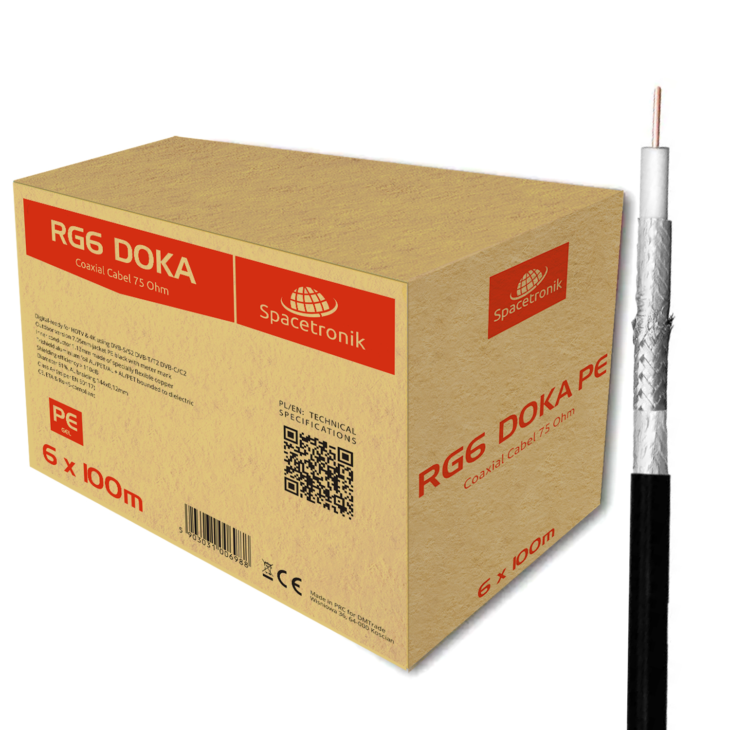 Kabel RG6 Spacetronik DOKA 4K Trishield 6x100m - Żelowany, 75 Ohm