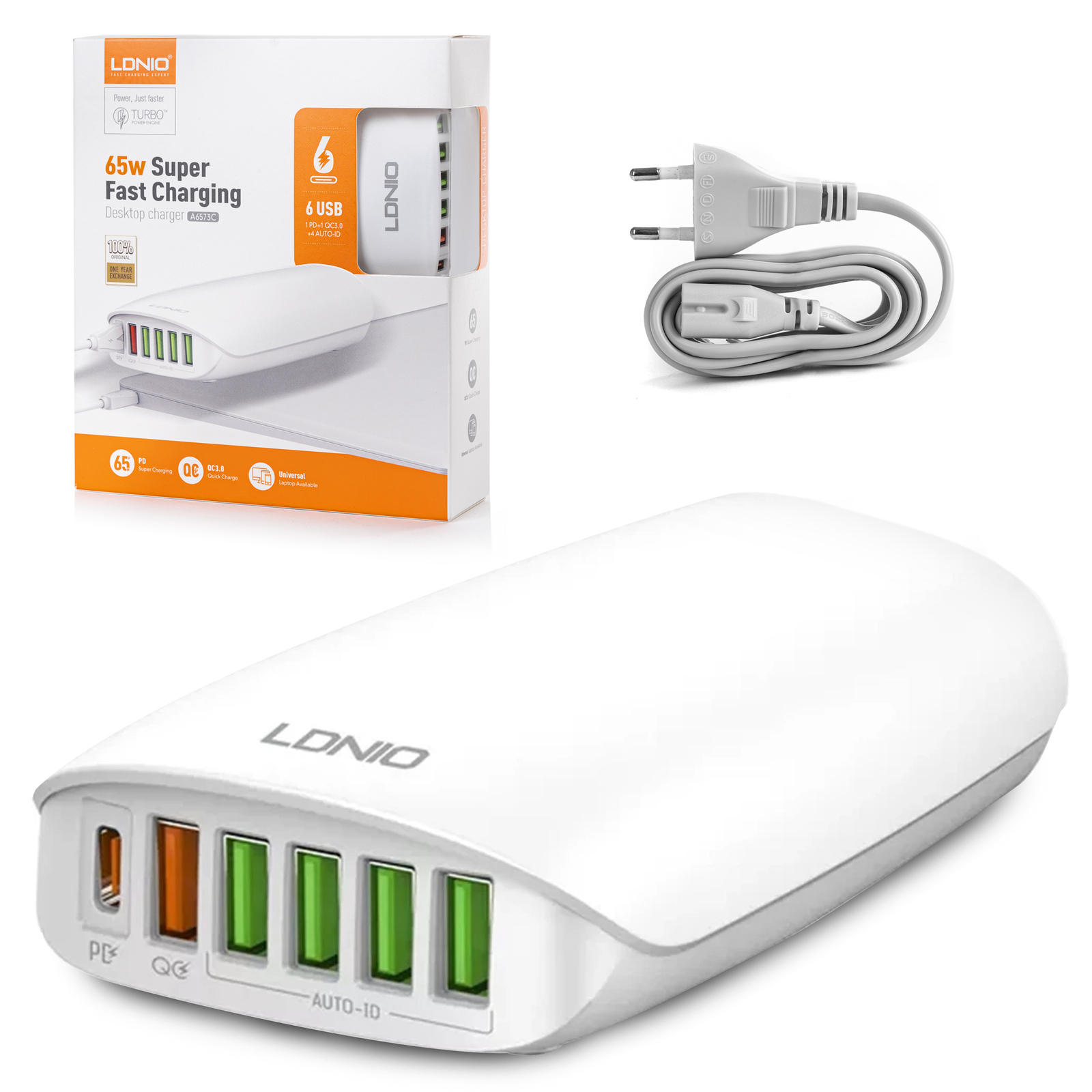 Ładowarka 6-portowa 65W PD, QC3.0, USB-A/USB-C | Szybkie ładowanie